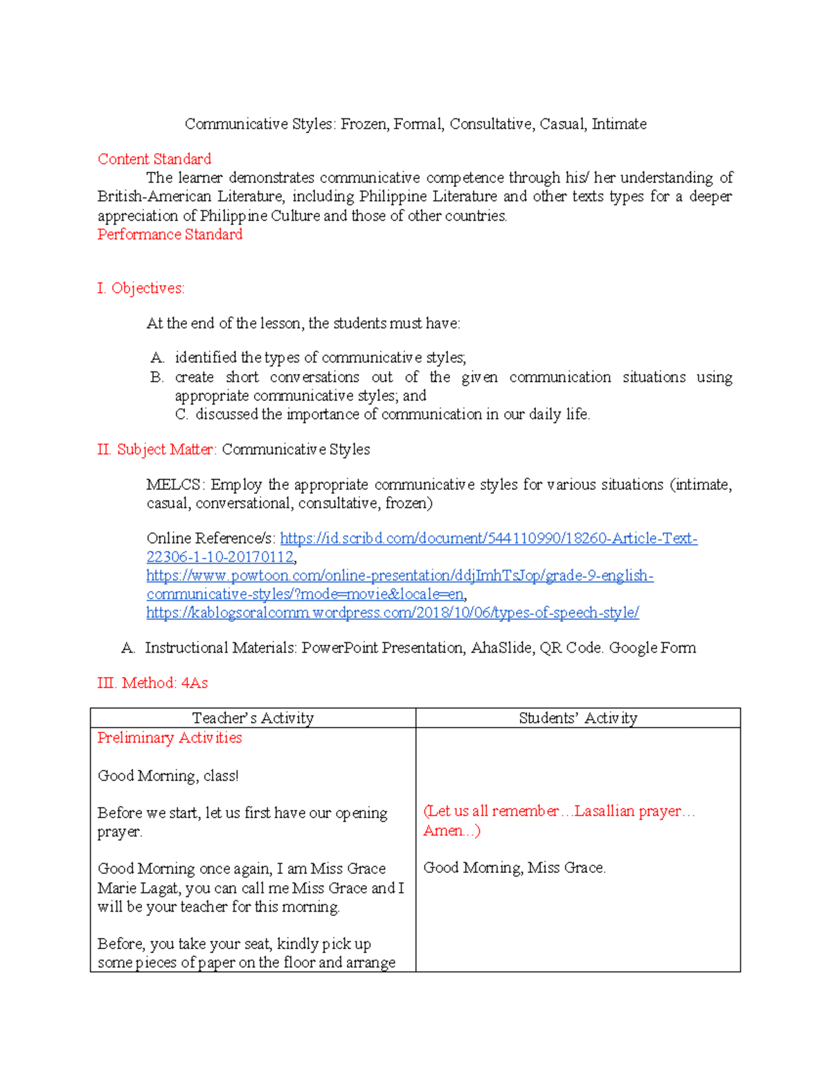 Grade 9 English Communicative Styles: Types and Applications - Studocu