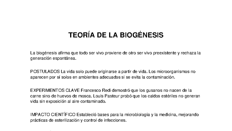 Teoría de la Biogénesis: Fundamentos y Experimentos Clave - Studocu