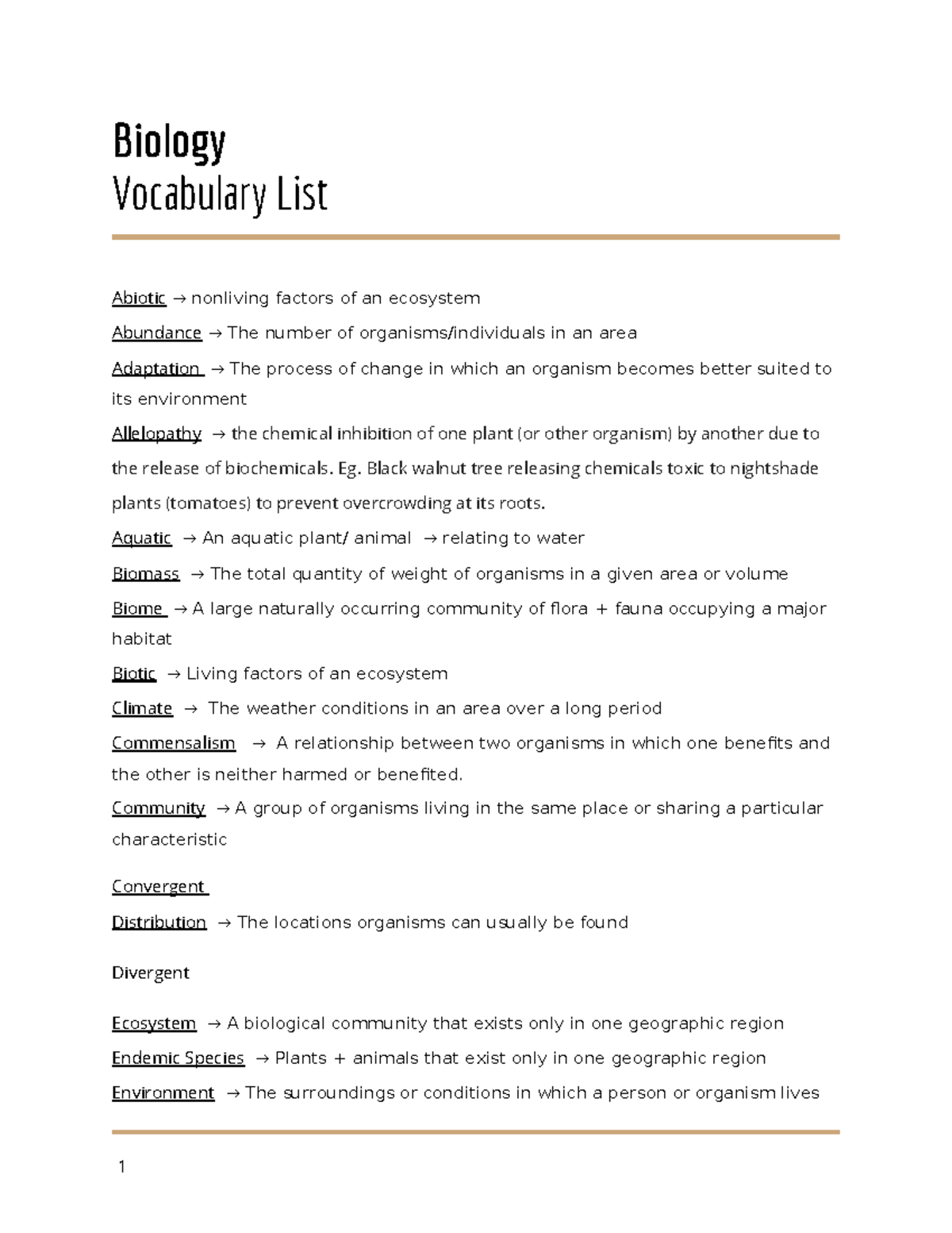 Biology Vocabulary List: Key Terms for Ecosystems and Adaptations - Studocu