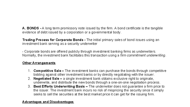 bonds banks notes - A. BONDS - A long term promissory note issued by ...