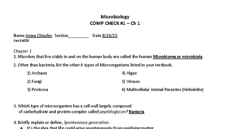 Microbiology COMP CHECK #1 - Chapter 1 Notes (Fall 2020) - Studocu