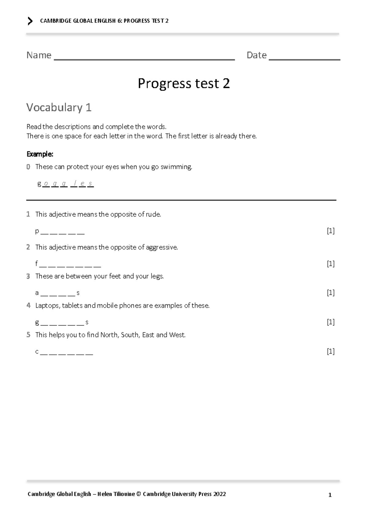 CAMBRIDGE GLOBAL ENGLISH 6: PROGRESS TEST 2 Vocabulary & Grammar - Studocu