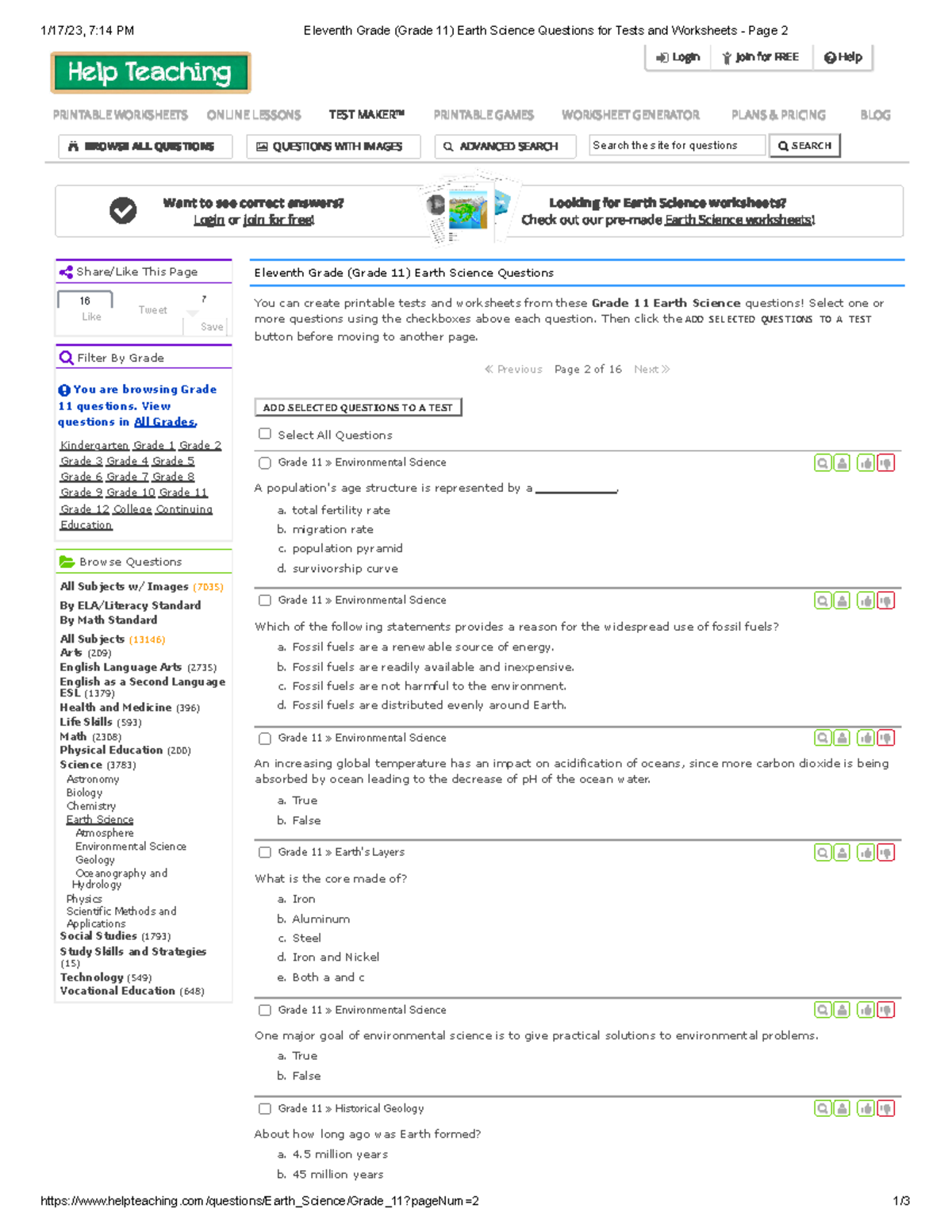 Eleventh Grade (Grade 11) Earth Science Questions for Tests and ...