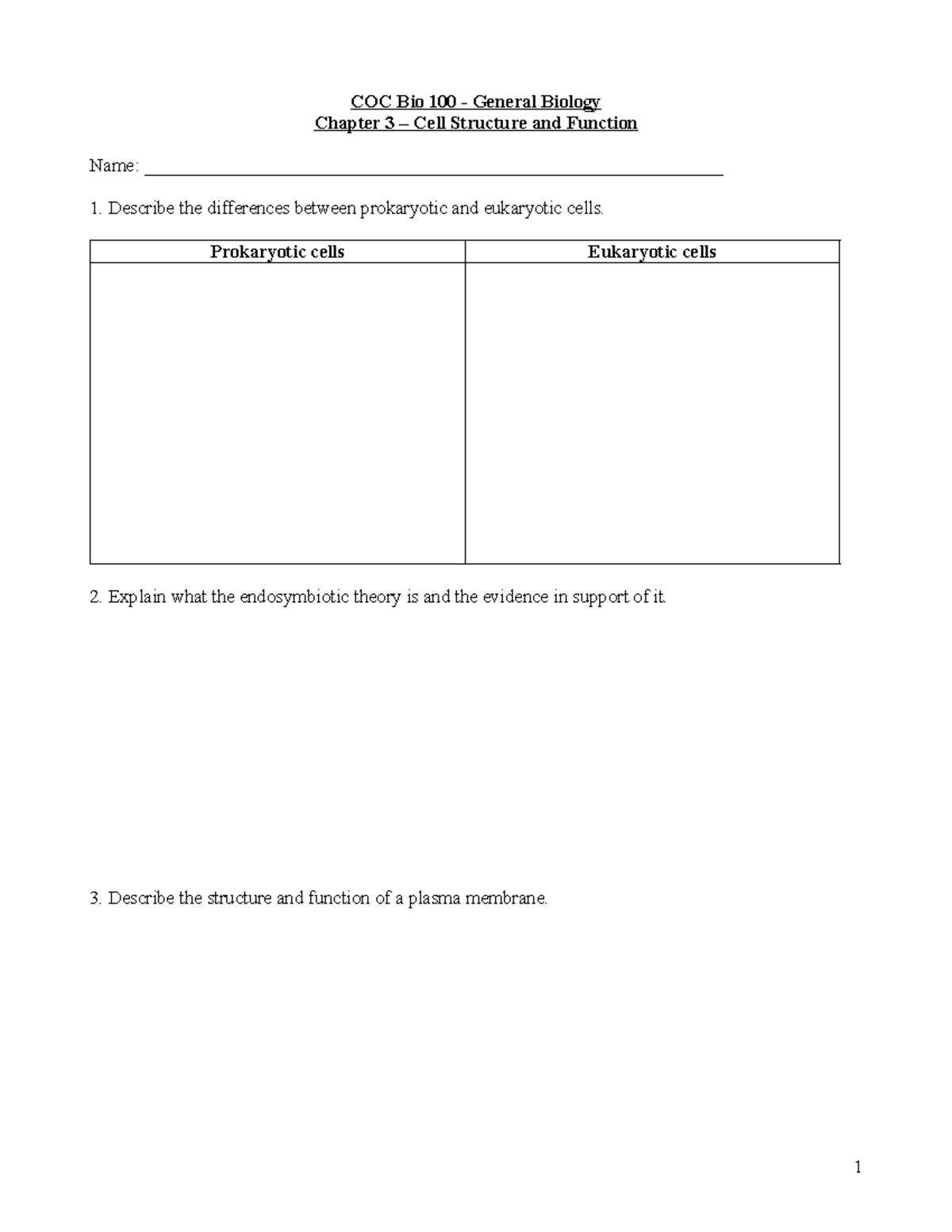 Bio100F20 - Chapter 3: Cell Structure & Function Overview - Studocu