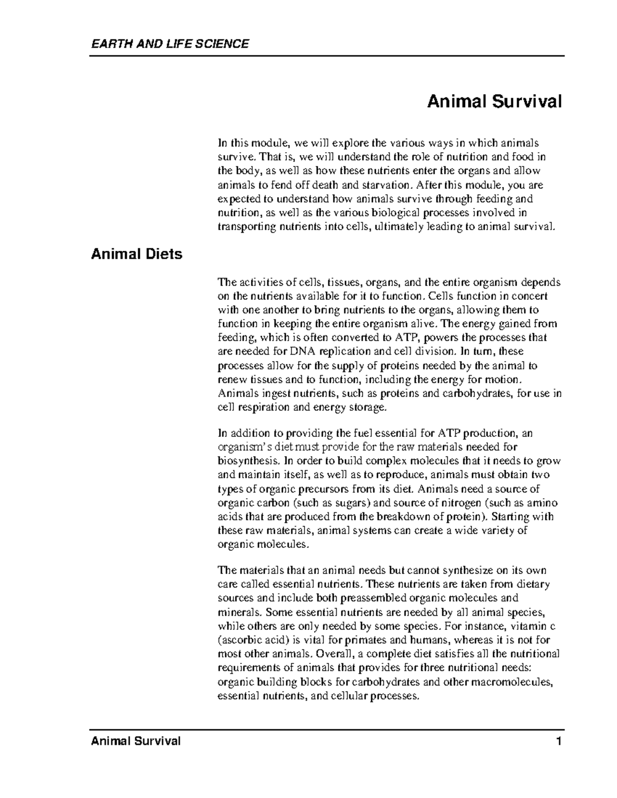 Week 012 Module: Exploring Animal Survival Through Nutrition - Studocu