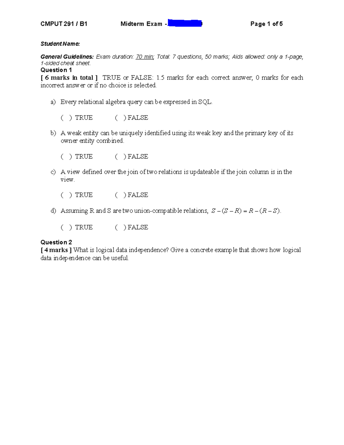 CMPUT 291 B1 Midterm Exam Sample Questions and Guidelines - Studocu