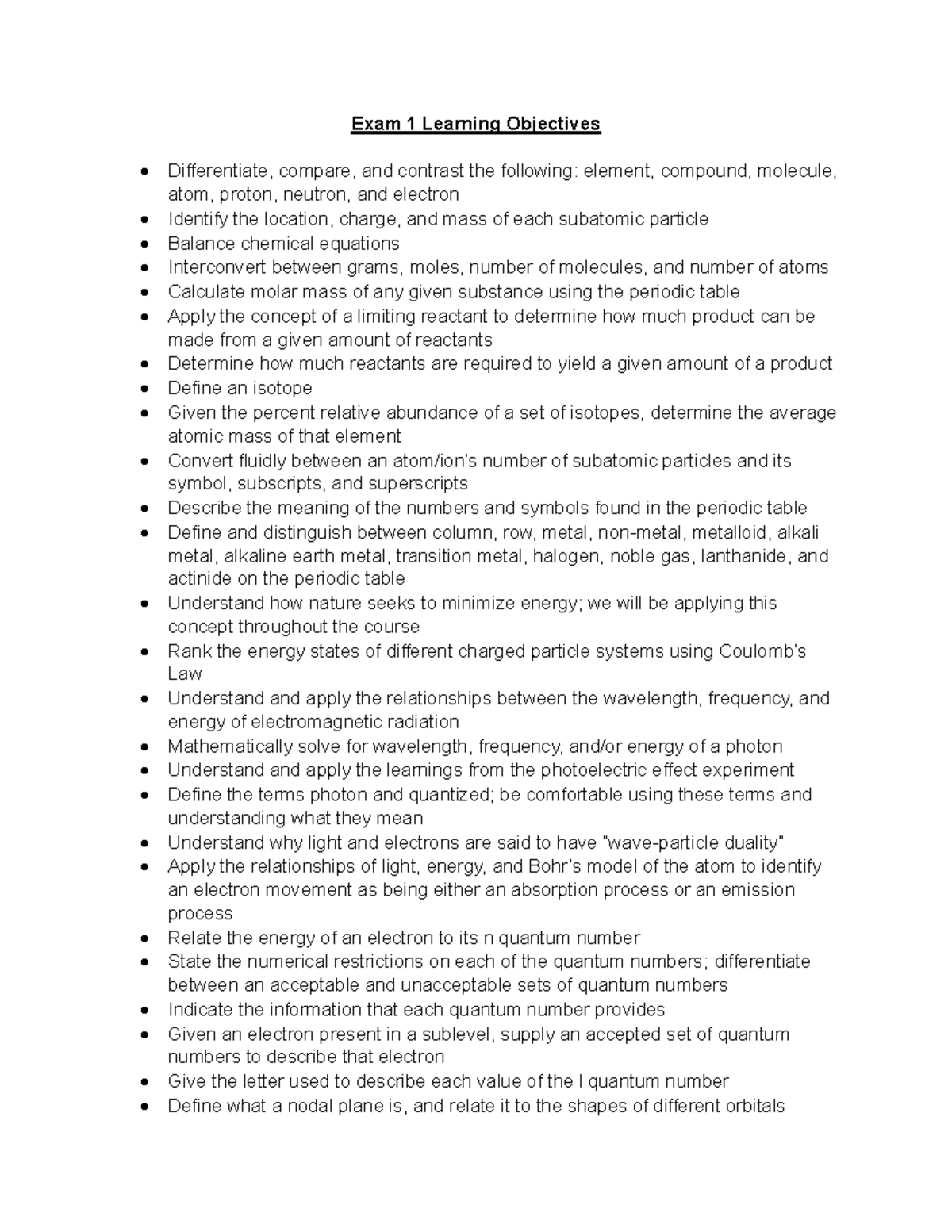 Final Exam Learning Objectives for CHEM 101: Key Concepts & Skills ...