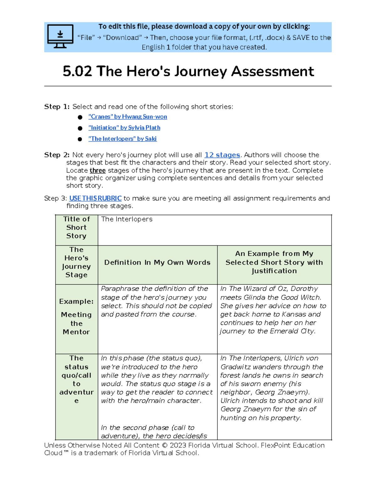 5.02 Assessment: The Hero's Journey in Selected Short Stories - Studocu