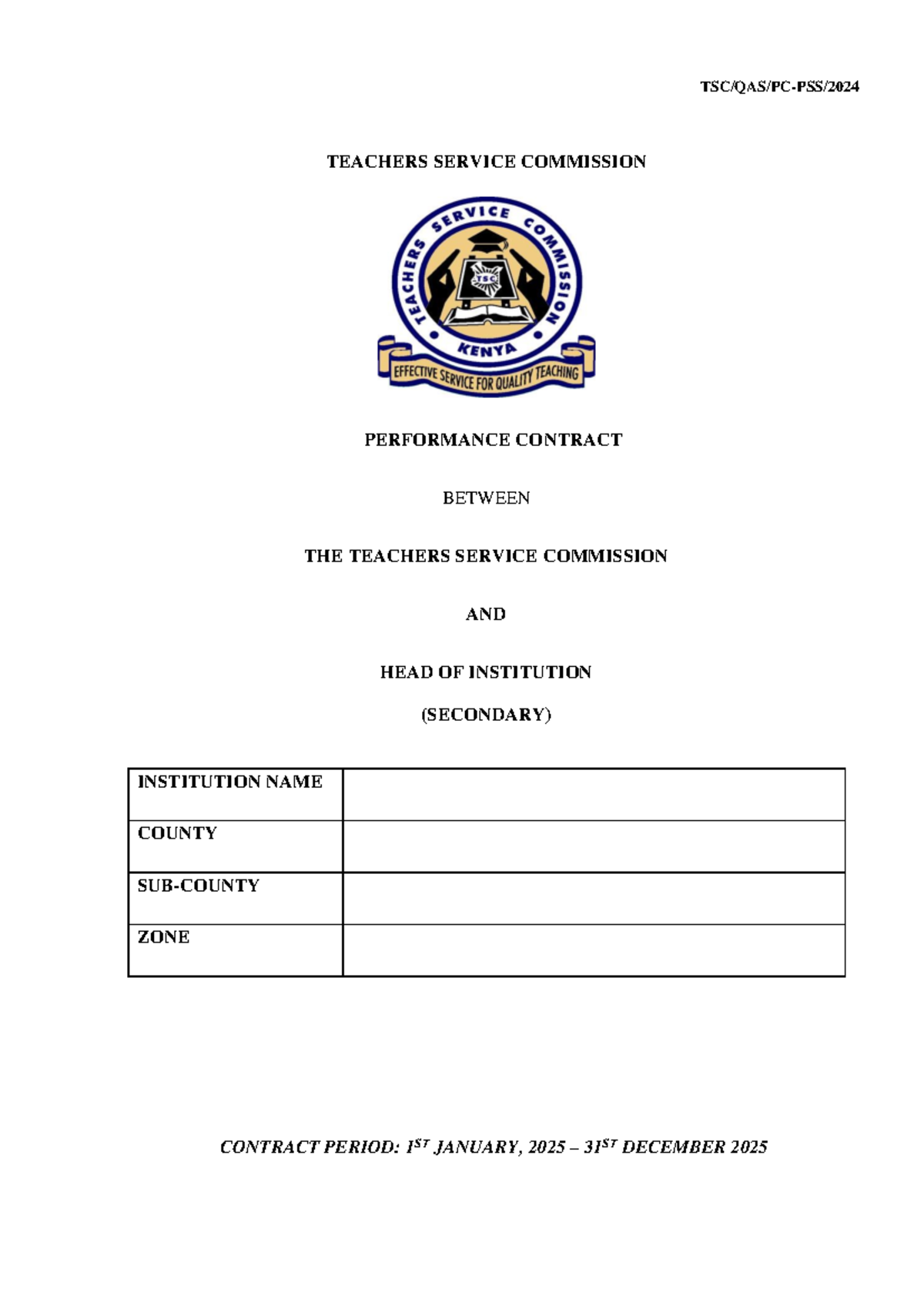 Performance Contract for Secondary School Heads 2025 - TSC Guidelines ...