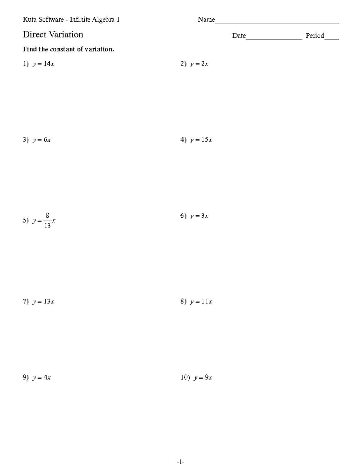 Infinite Algebra 1: Direct Variation Worksheet Examples - Studocu