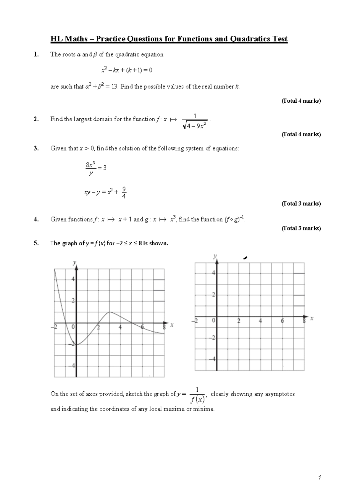 HL Maths – Functions and Quadratics Test Practice Questions - Studeersnel