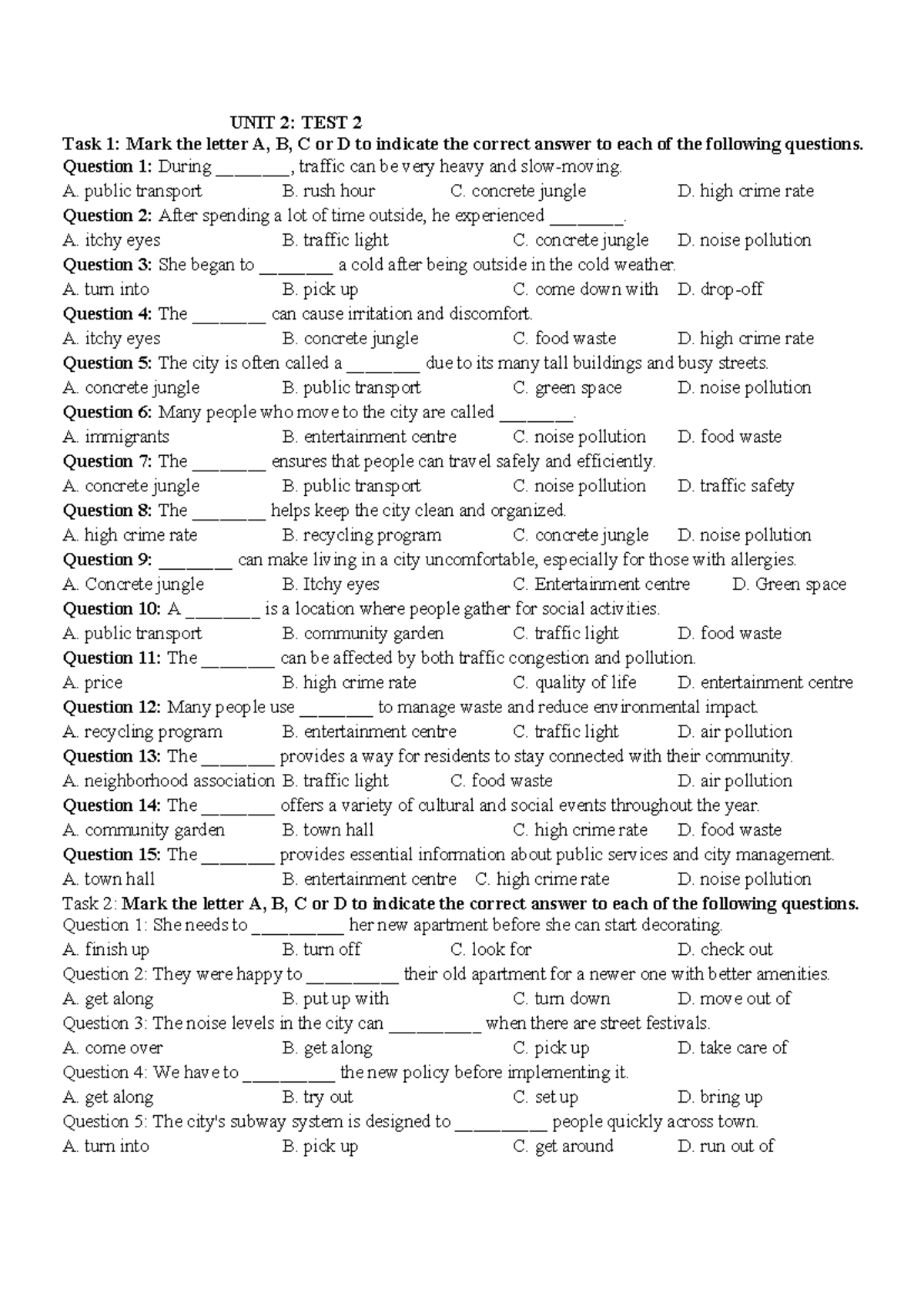UNIT 2: TEST 2 - Multiple Choice Questions and Sentence Arrangements ...