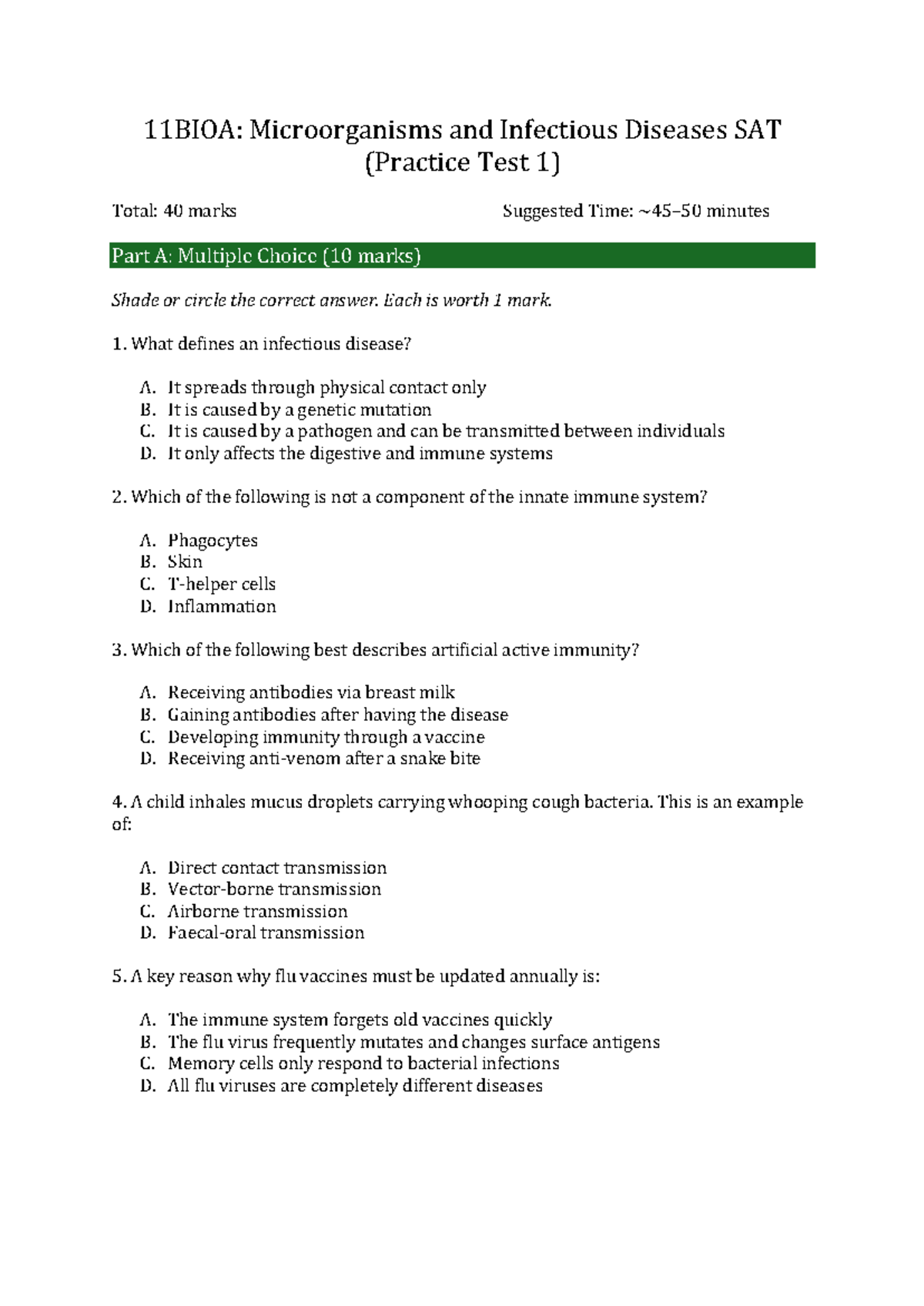 BIOA 11: Microorganisms and Infectious Diseases SAT Practice Test 2 ...