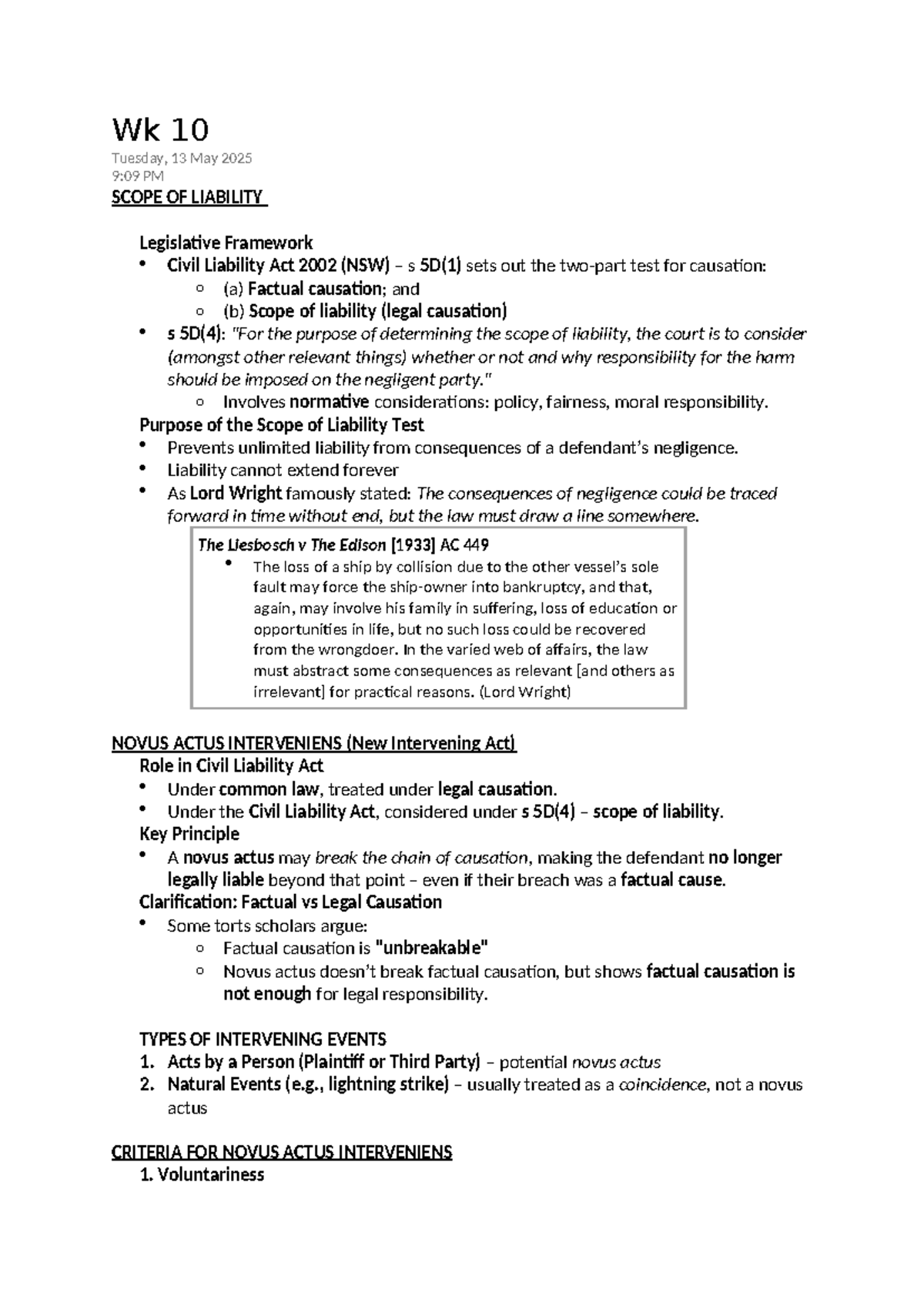 Wk 10 - Lecture Summary: Scope of Liability & Causation Under CLA (NSW) - Studocu