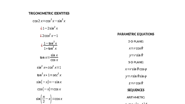 MA1505 Trigonometric Identities and Vector Calculus Formulas - Studocu