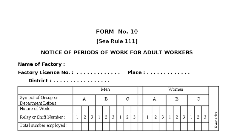 FORM No. 10 - Notice of Work Periods for Adult Workers - Studocu