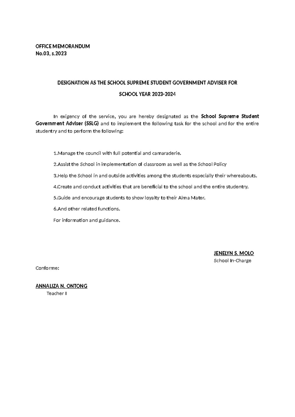 Office Order - Designation as Student Gov't Adviser for SY 2023-24 ...