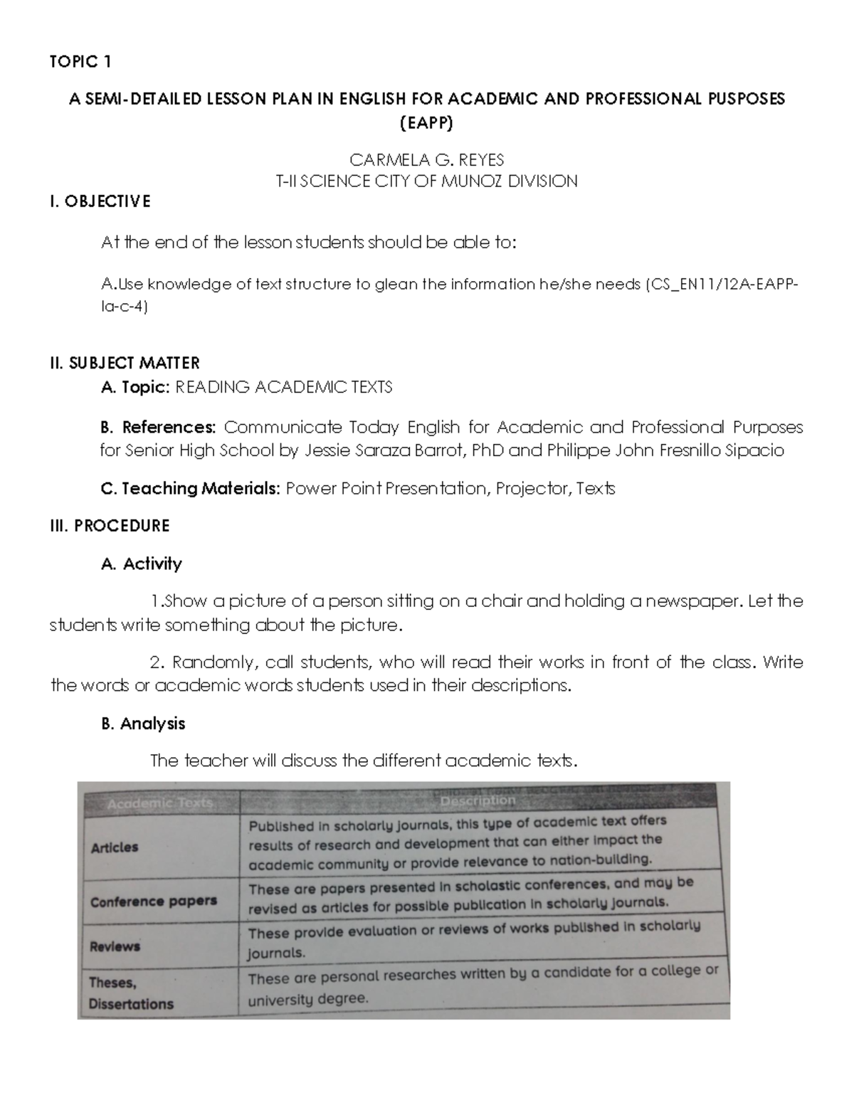 Semi-Detailed Lesson Plan in EAPP (CS_EN11/12A-EAPP) by Reyes - Studocu