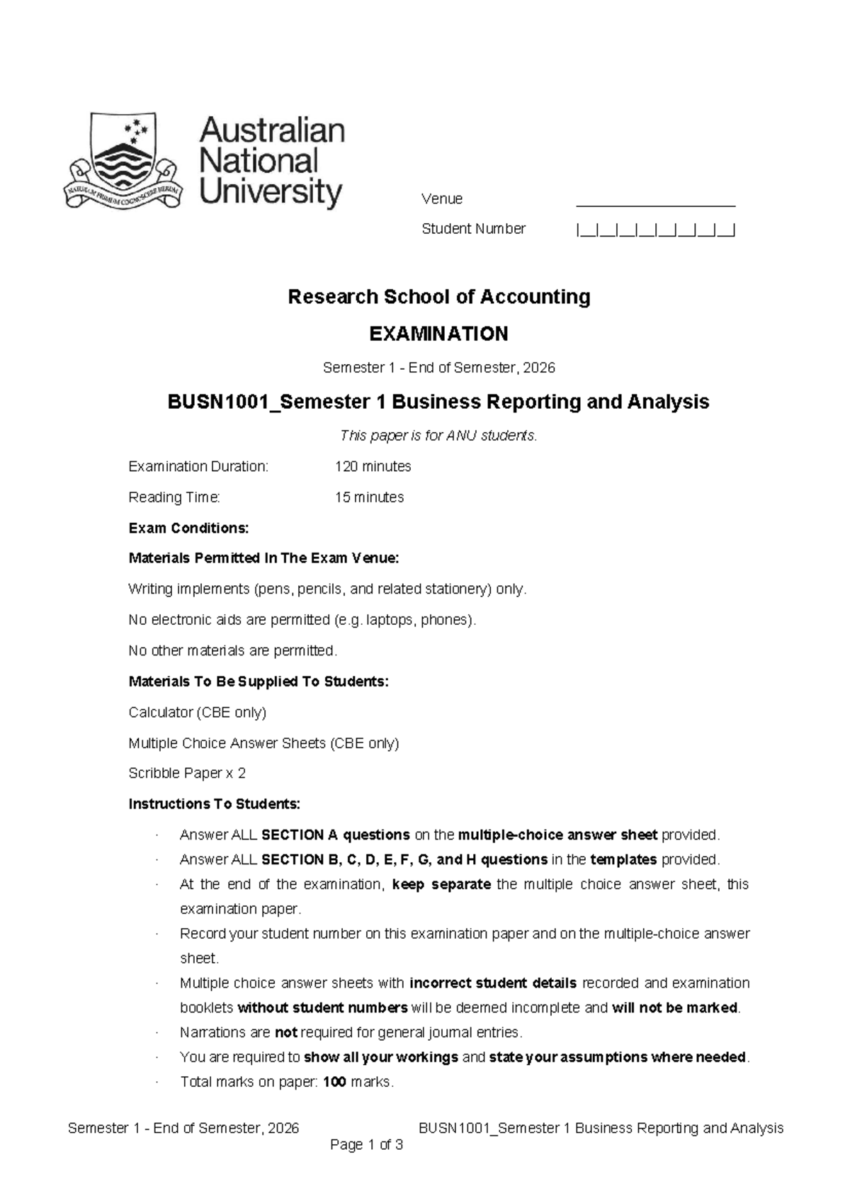 BUSN1001 S1 2026 Final Exam: Business Reporting & Analysis - Studocu