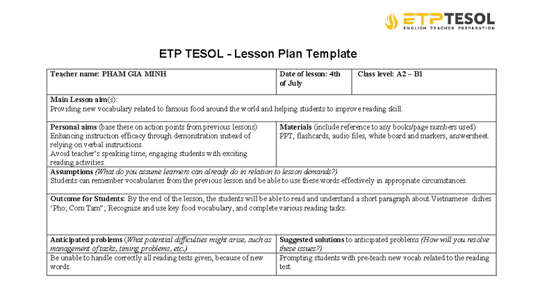 ETP TESOL Lesson Plan: Vocabulary & Reading Skills for A2-B1 - Studocu