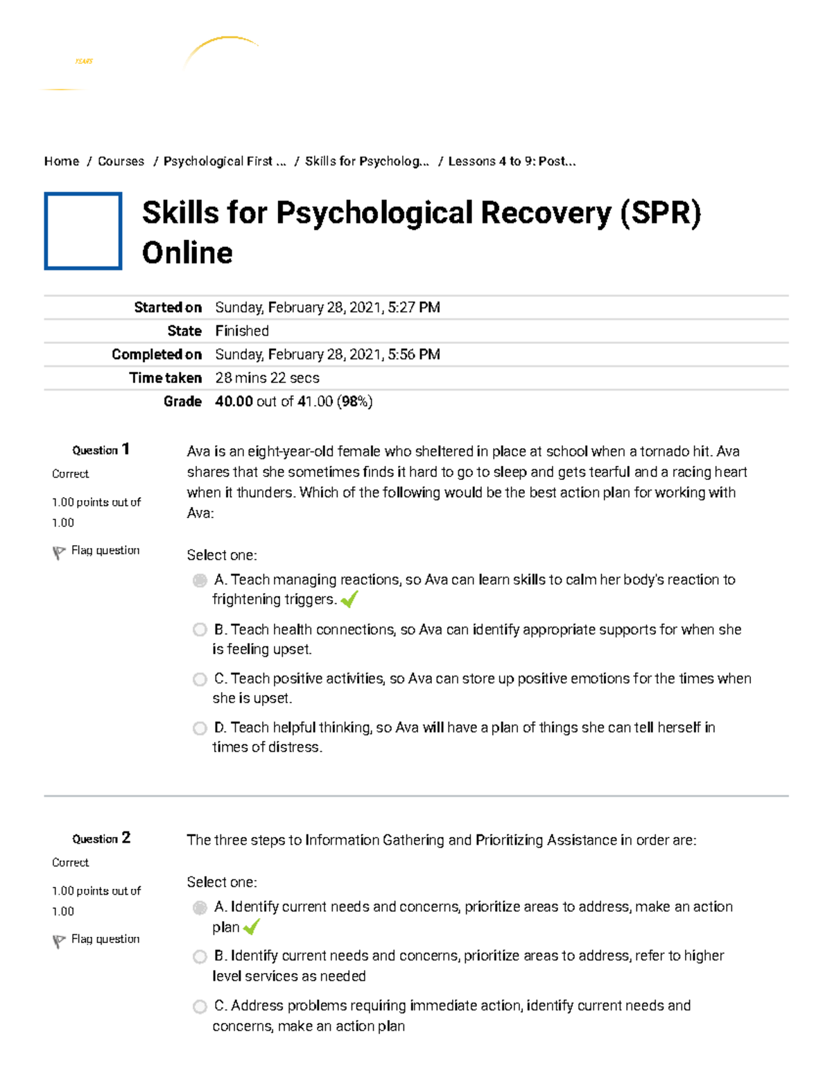 Lessons 4 to 9: Post Test Review for Skills for Psychological Recovery ...