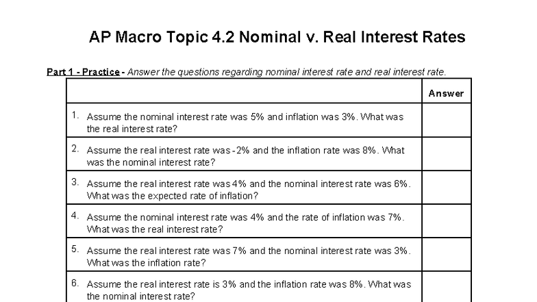 AP Macro 4.2 Nominal vs. Real Interest Rates Practice Questions - Studocu