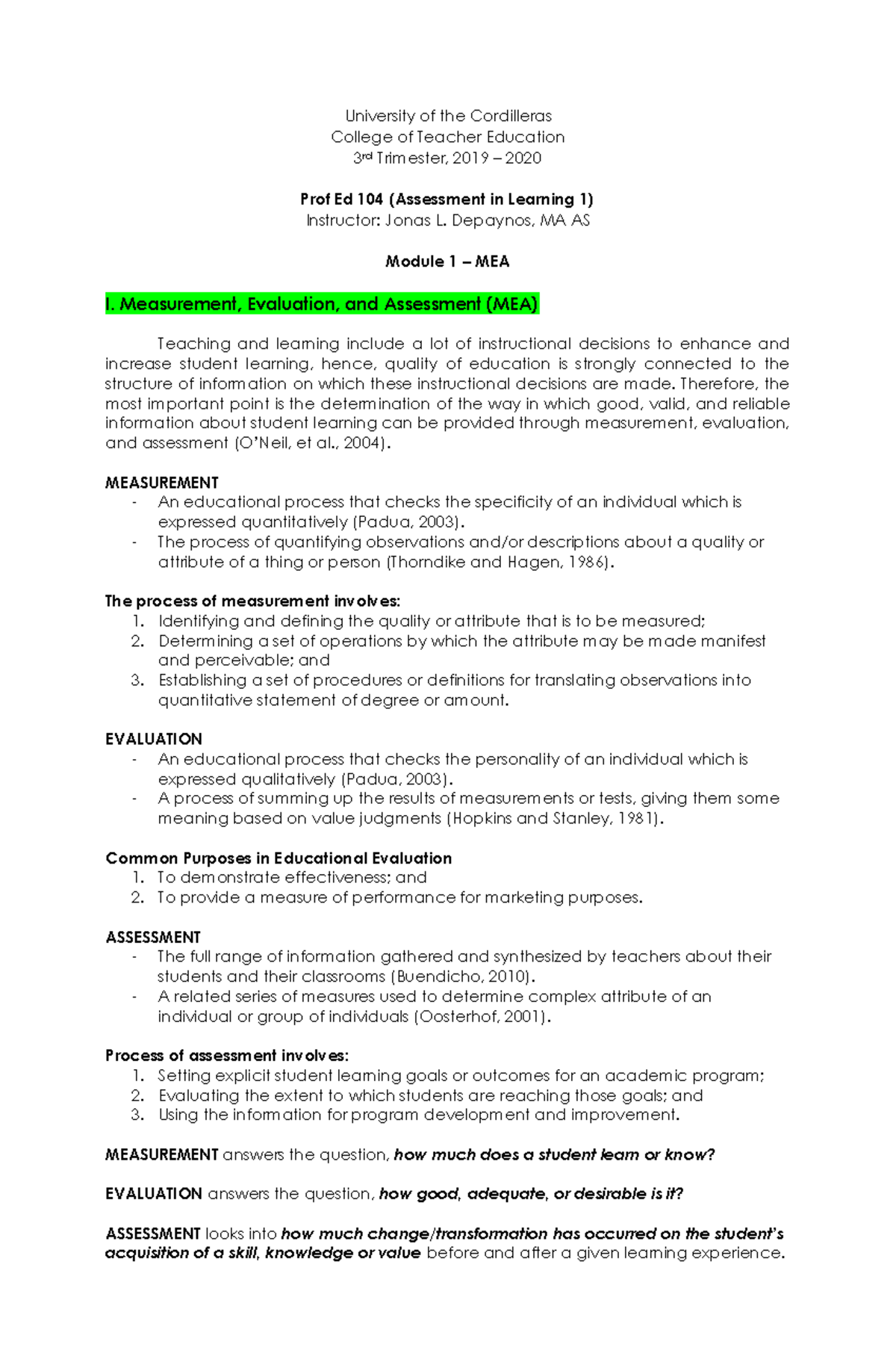 Prof Ed 104 - Module 1: Understanding Measurement, Evaluation, and Assessment - Studocu