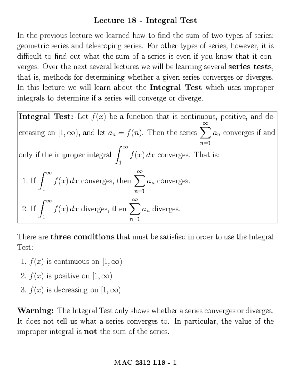 Lecture 18 - Integral Test for Series Convergence (MAC 2312) - Studocu