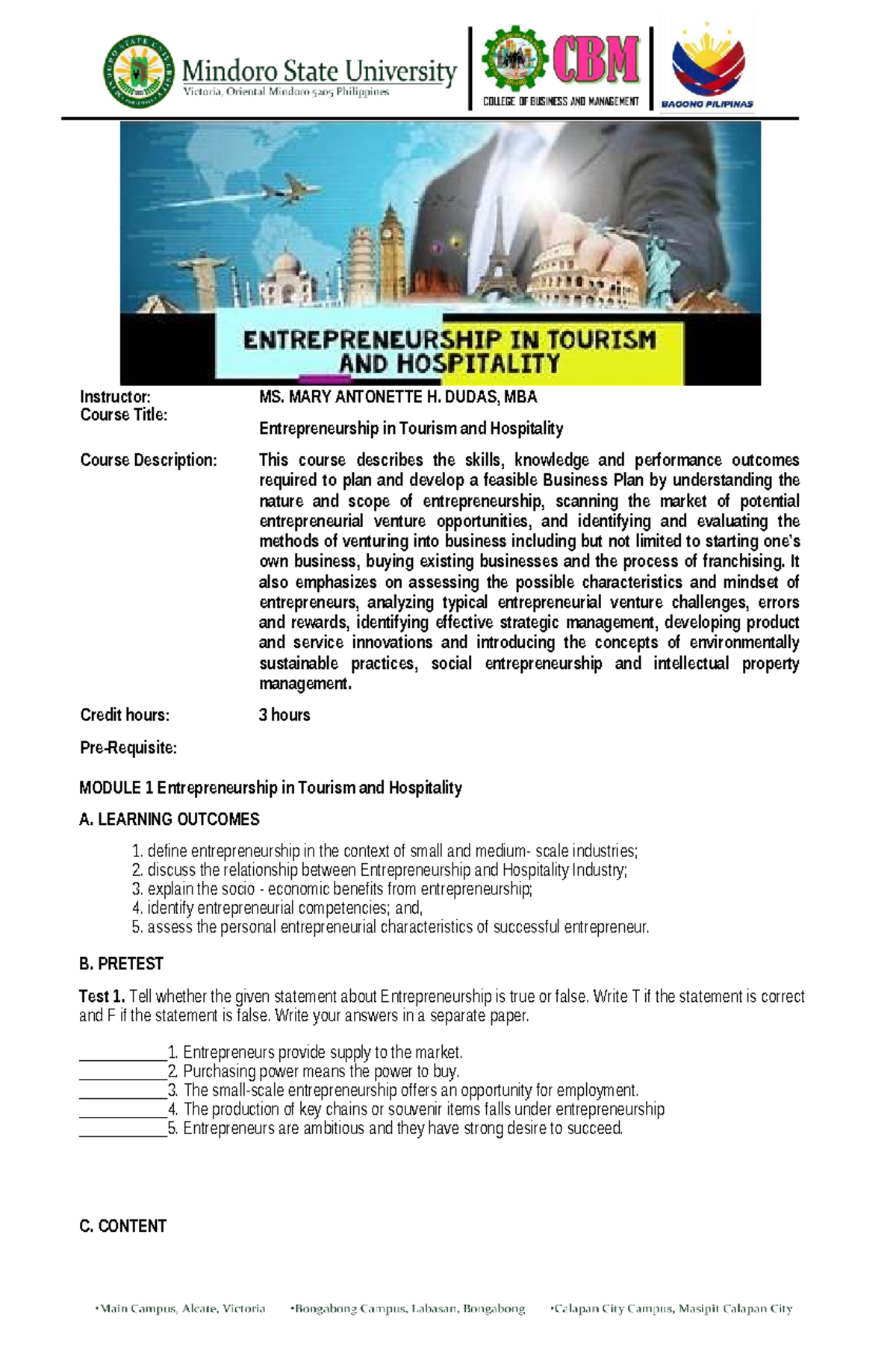 Entrepreneurship in Tourism and Hospitality: Course Overview and Insights - Studocu