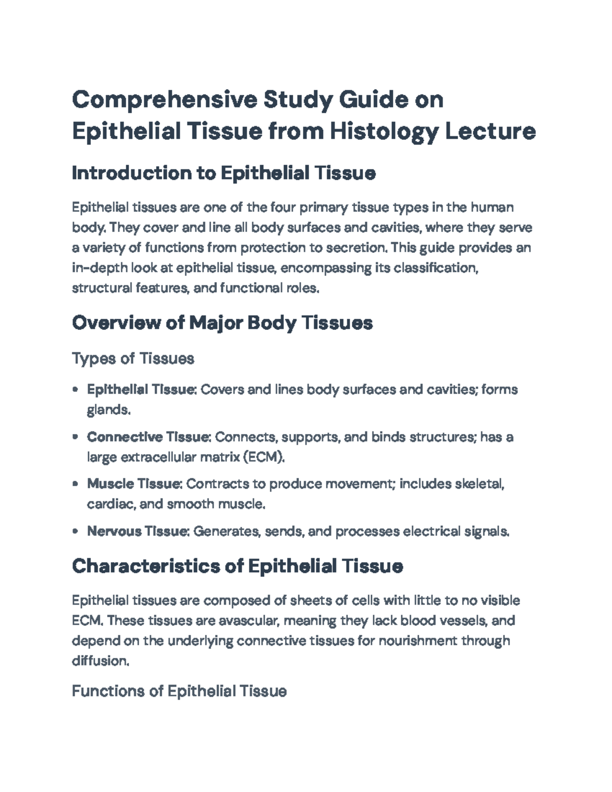 Histology Lecture Notes: Comprehensive Study Guide on Epithelial Tissue ...