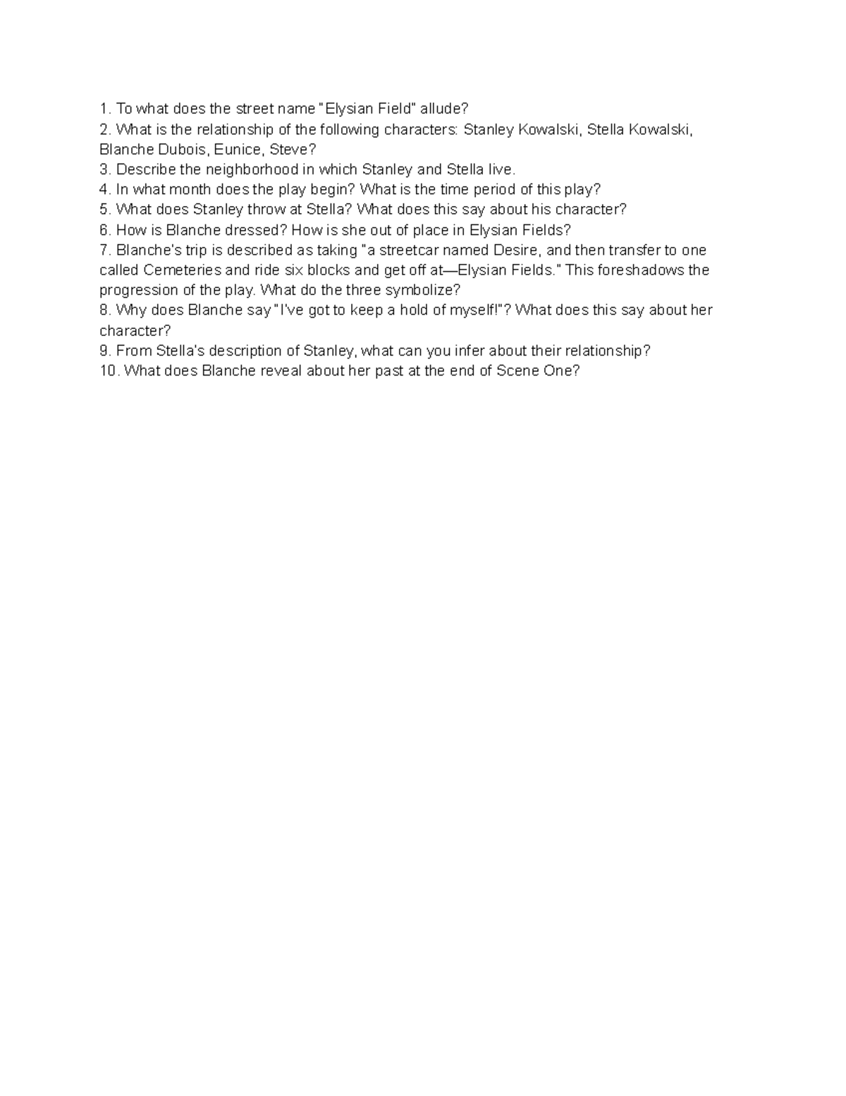 Streetcar Named Desire (ENG 101) - Scene One Analysis Questions - Studocu