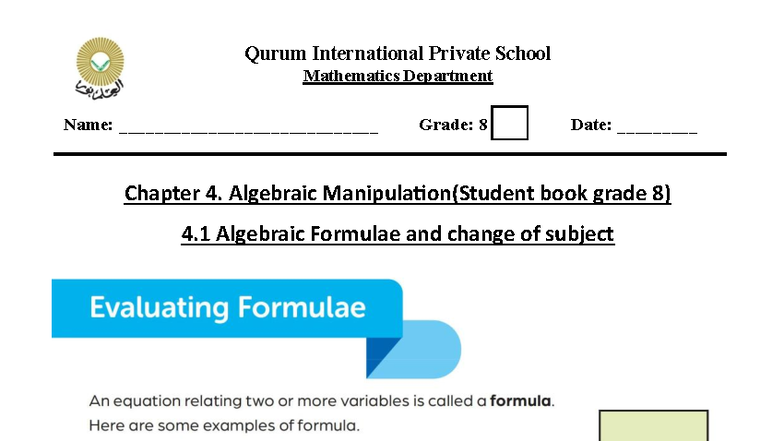 Mathematics Grade 8: Chapter 4 - Algebraic Manipulation Guide - Studocu