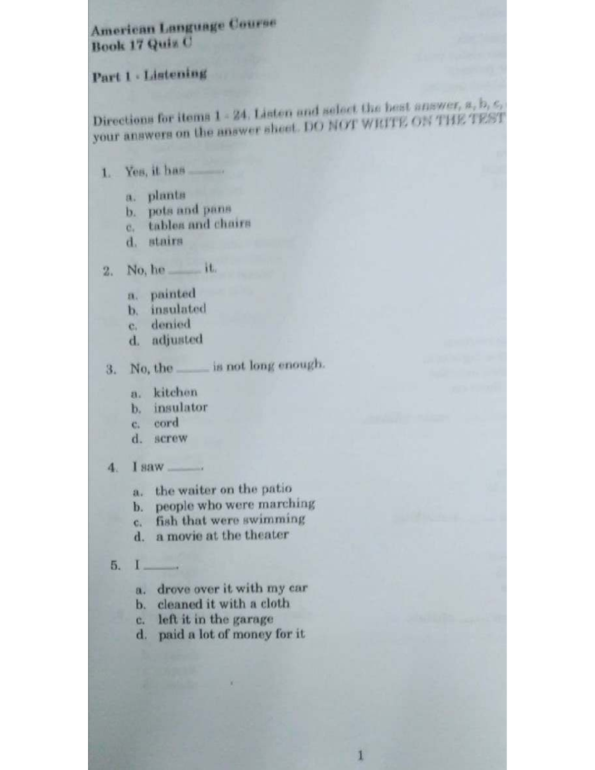 American Language Course Book 17 Quiz C Listening & Reading Test - Studocu