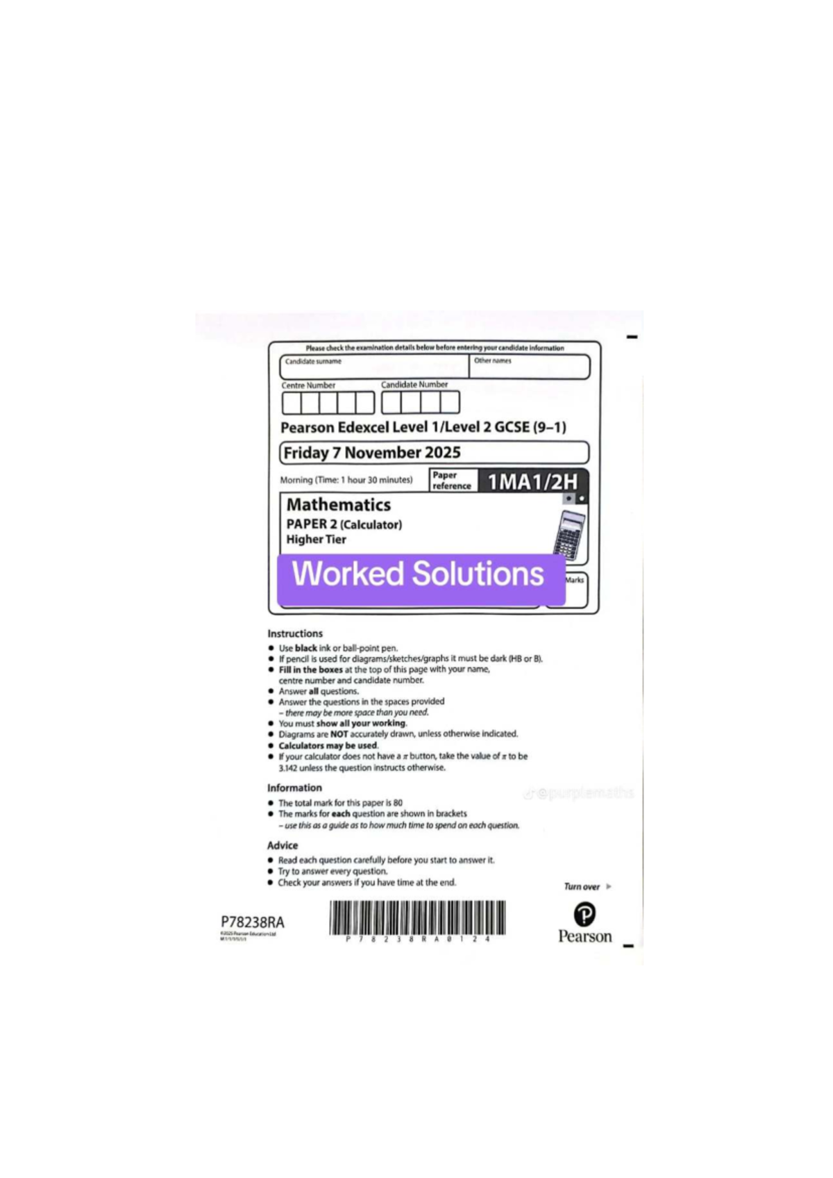 Mathematics GCSE Paper 2 (Calculator) Higher Tier Worked Solutions ...