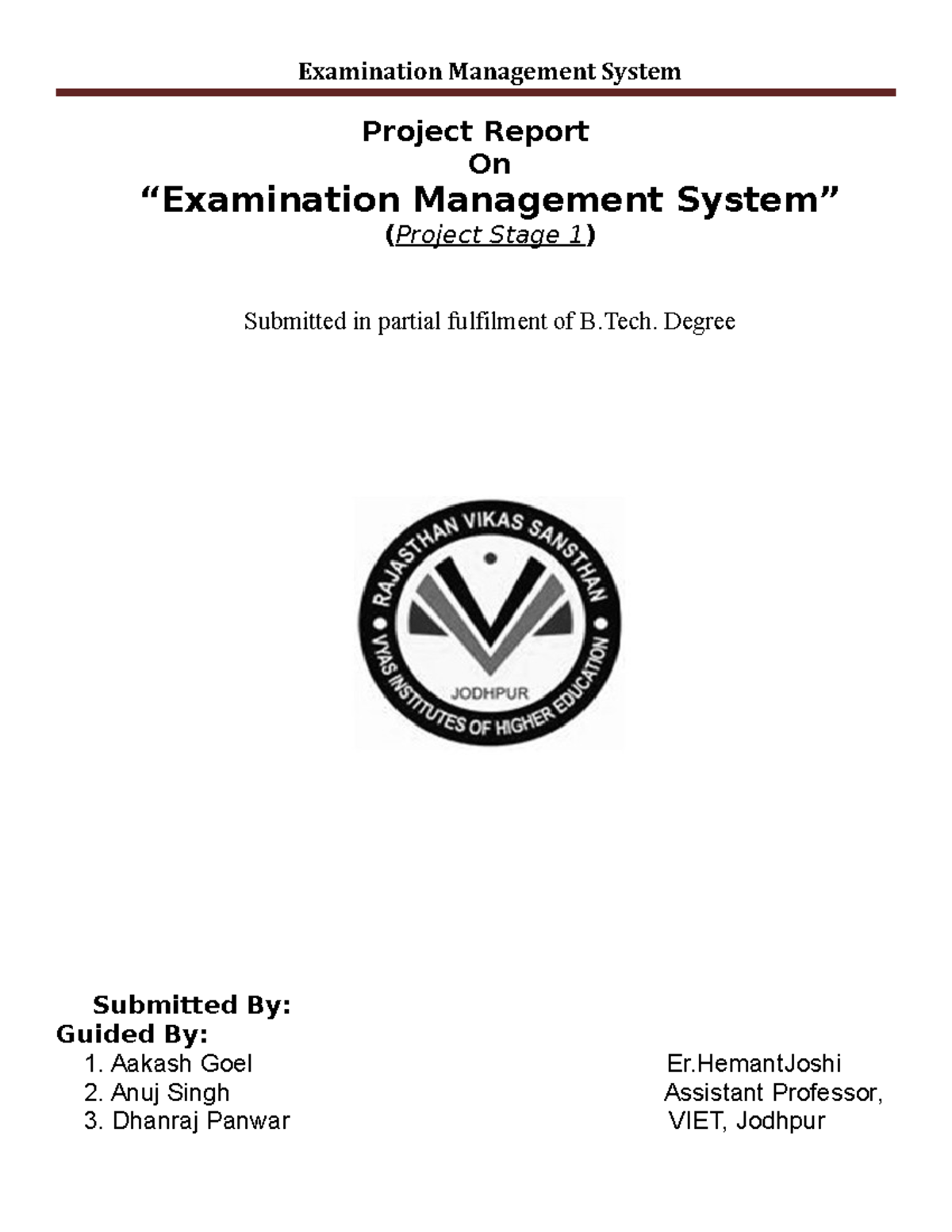 Examination Management System Project S - Project Report On ...