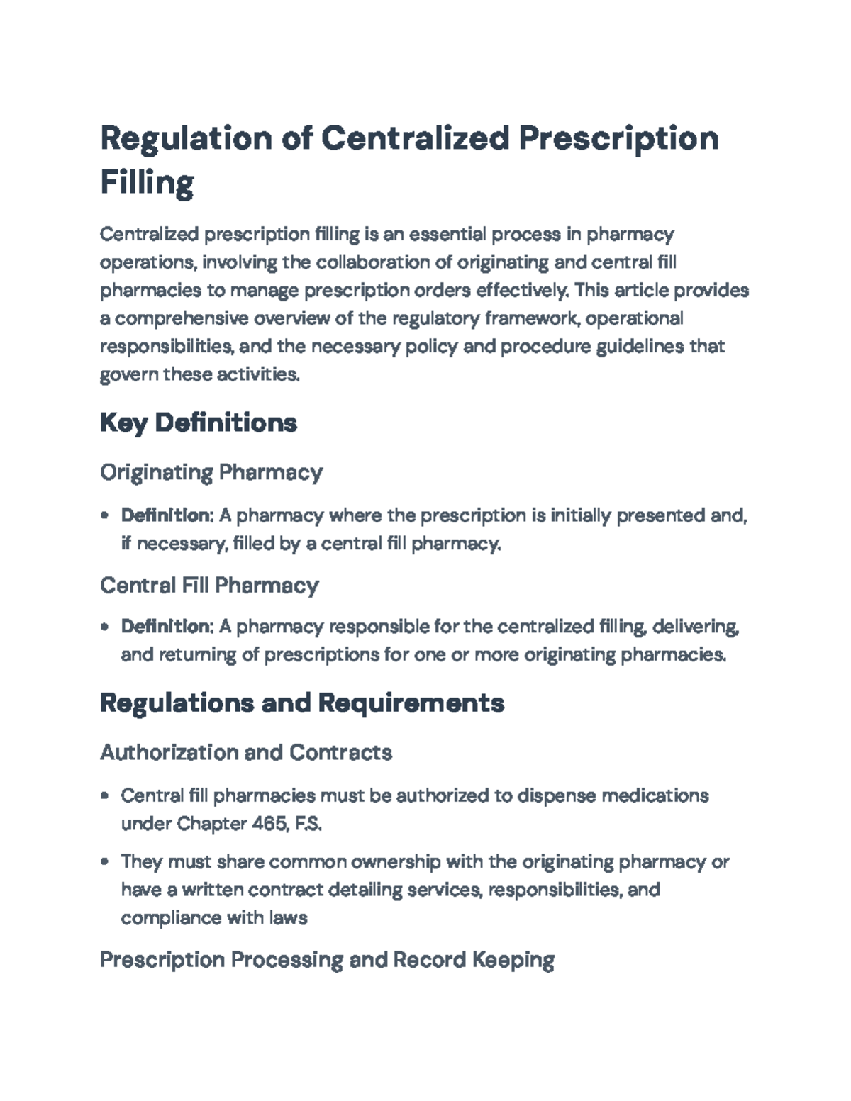 Overview of Centralized Prescription Filling Regulations and Practices ...