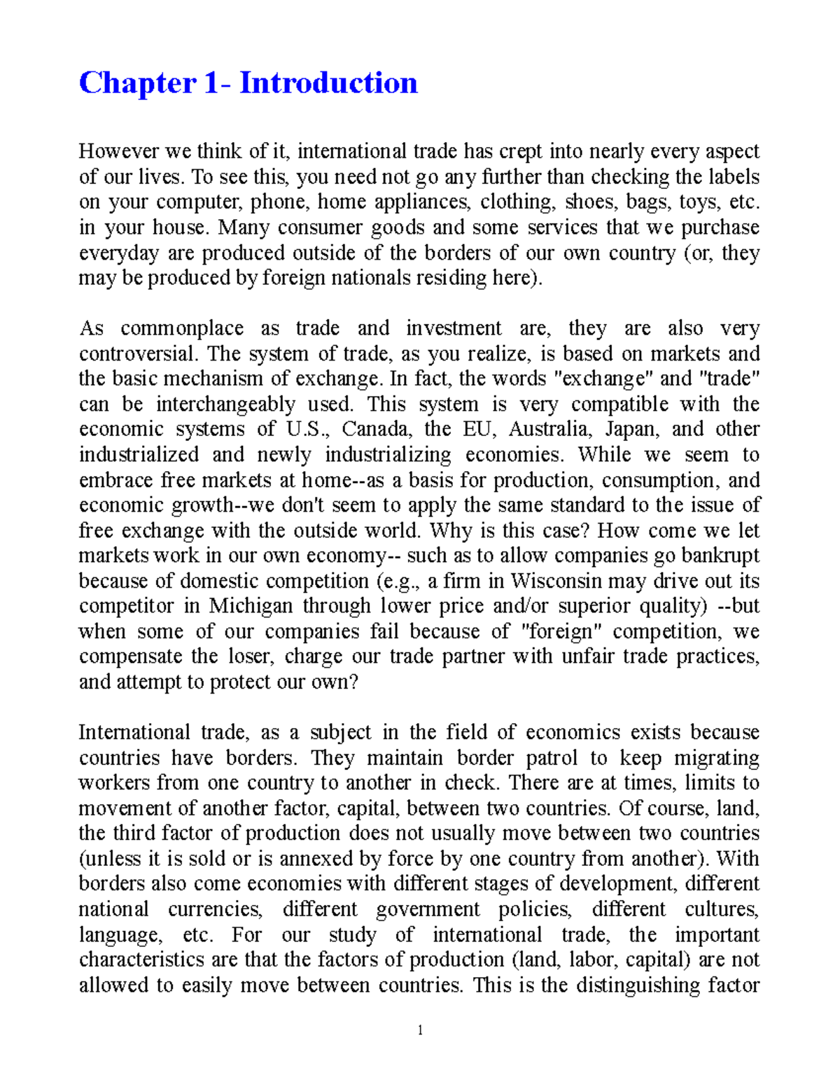 Chapter 1- Introduction to international trade - Chapter 1 ...