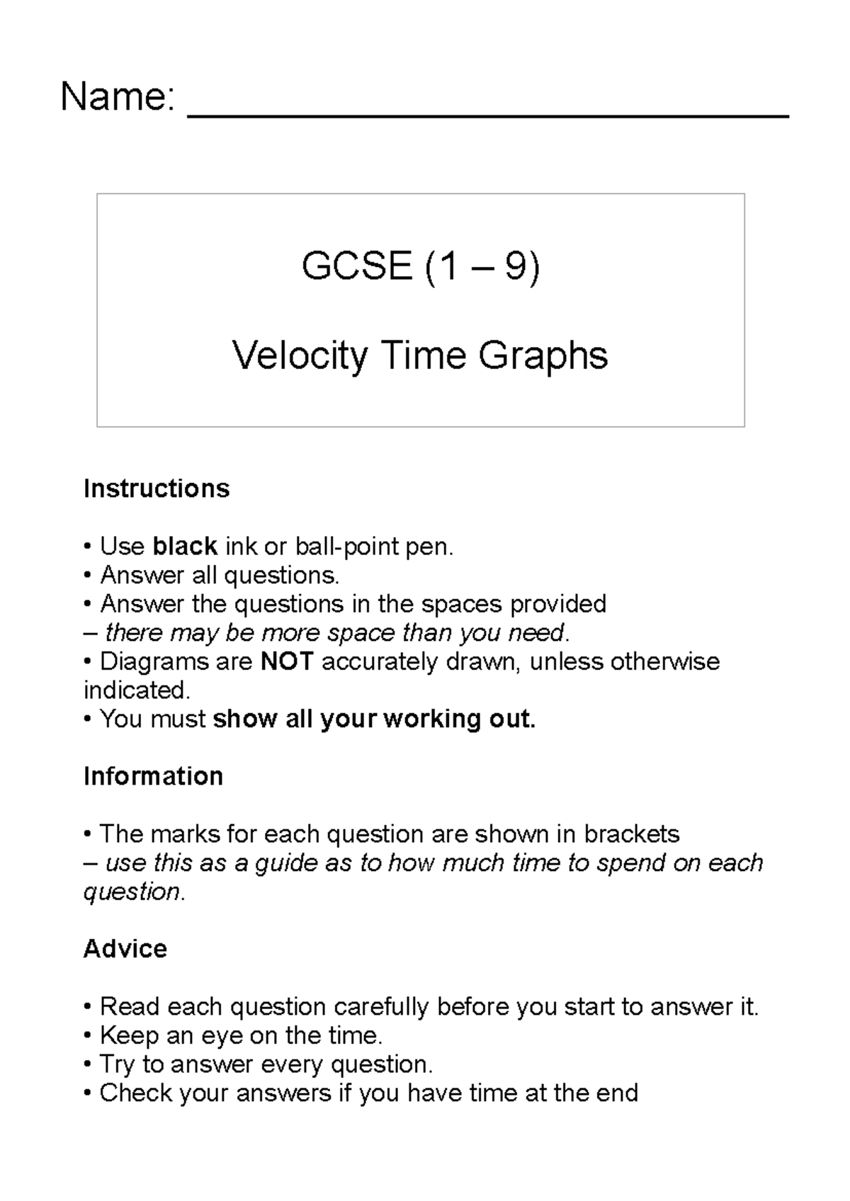 GCSE (1 9) Velocity-Time Graphs Exam Instructions and Questions - Studocu