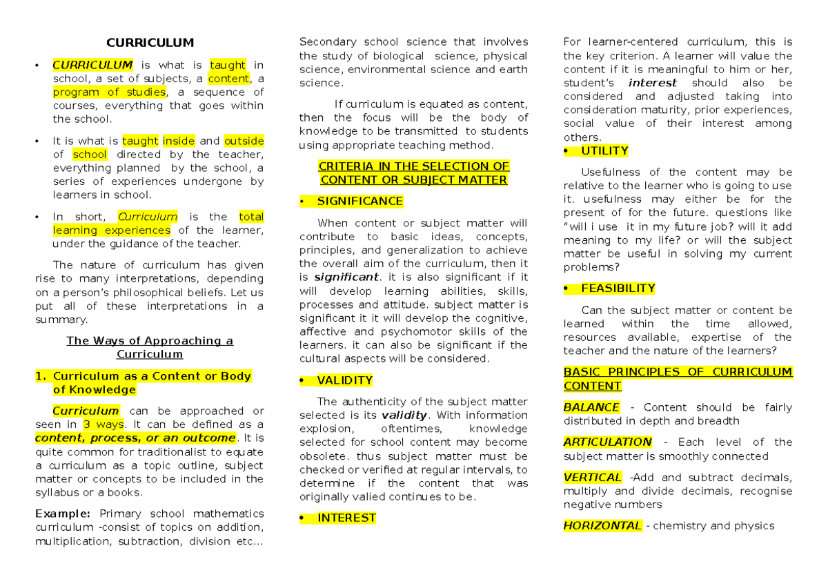 Teacher and Curriculum reviewer - CURRICULUM CURRICULUM is what is ...