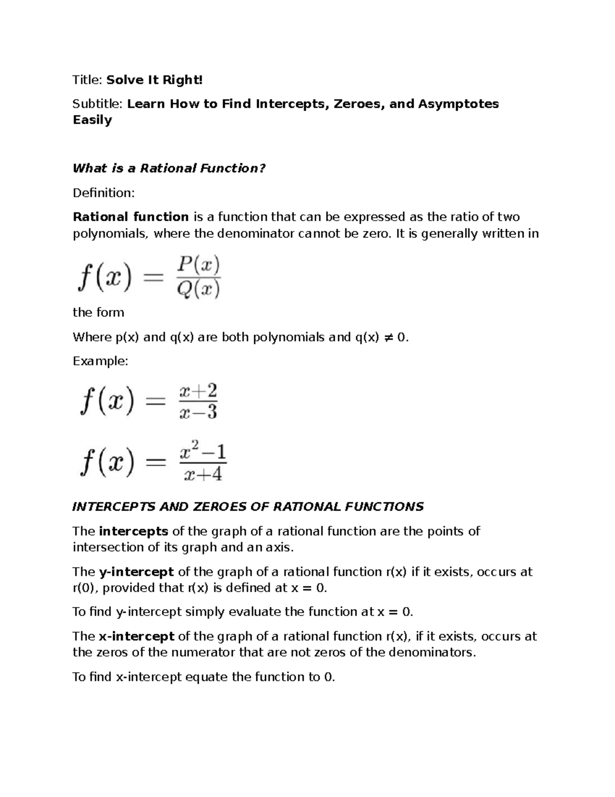 Rational Functions: Intercepts, Zeroes & Asymptotes Explained - Studocu
