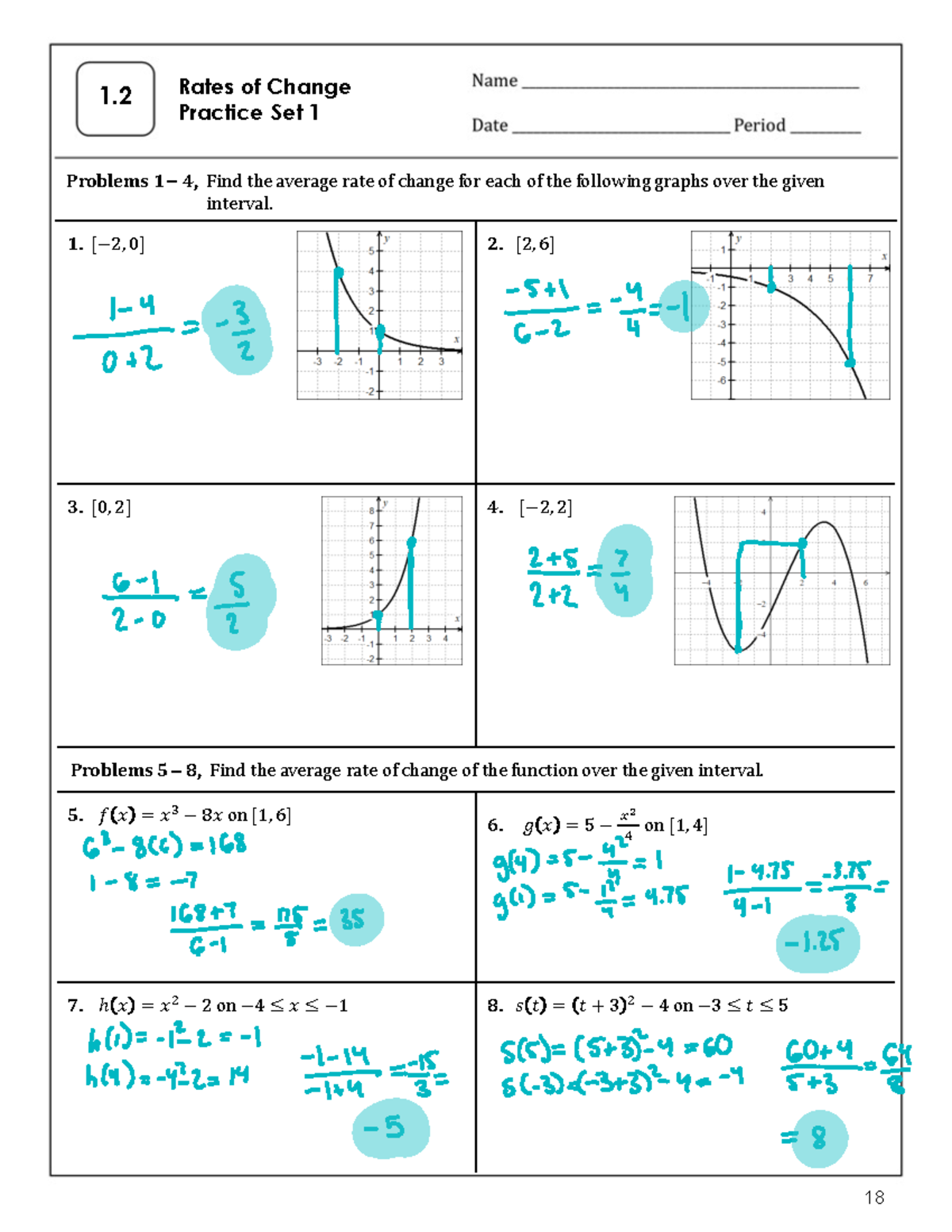 1,2 hw - hi. - Rates of Change Practice Set 1 1. Problems 1 − 4, Find ...
