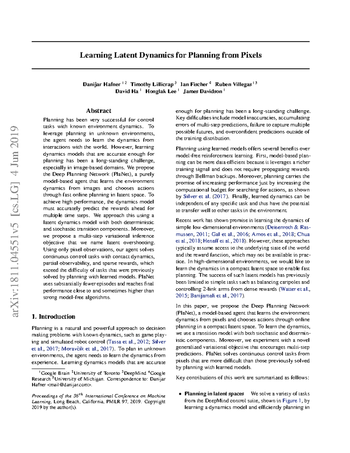 PlaNet: Learning Latent Dynamics for Planning from Pixels (ICML 2019 ...