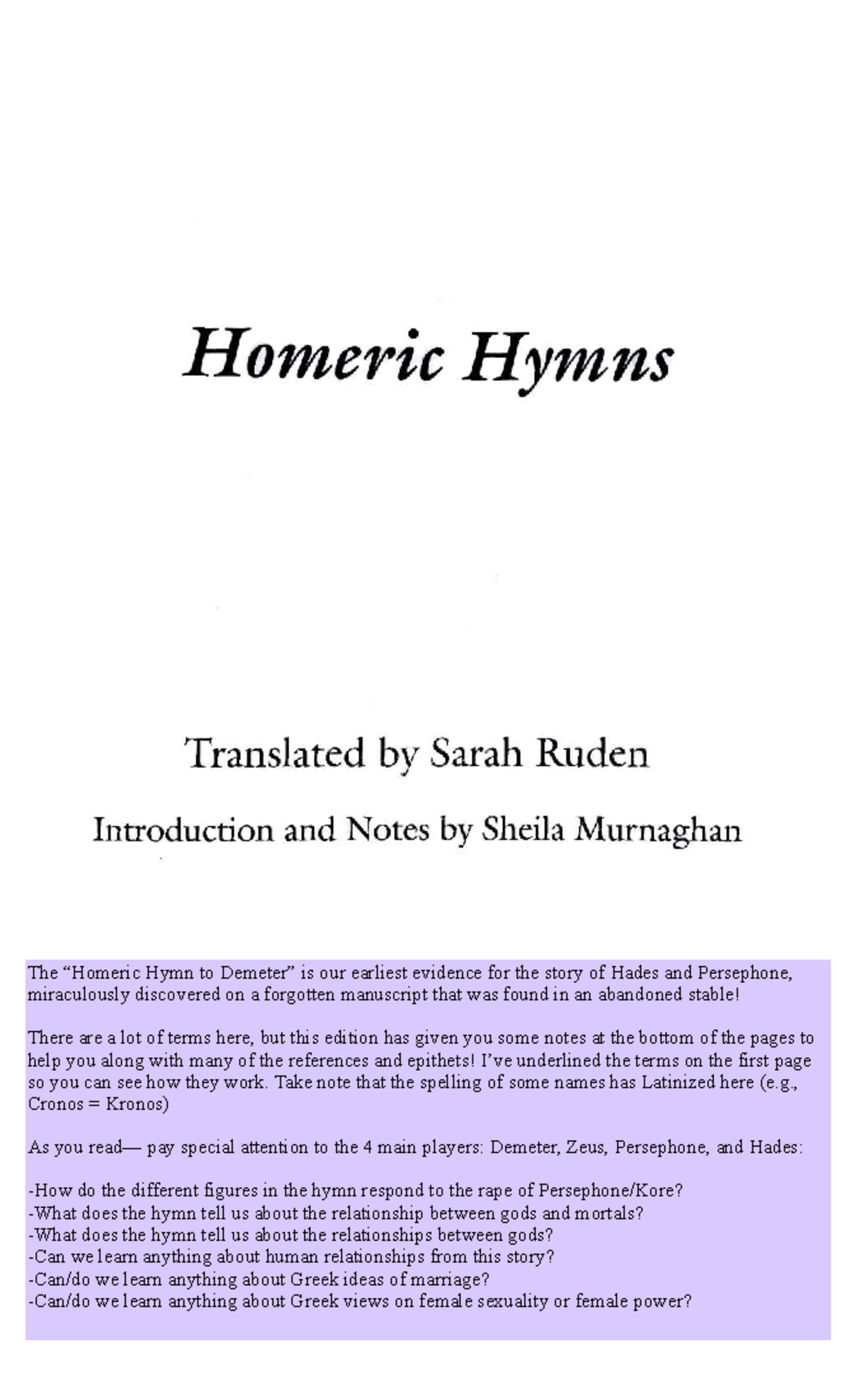 Homeric Hymns: The Hymn to Demeter - Translated by Ruden - Studocu