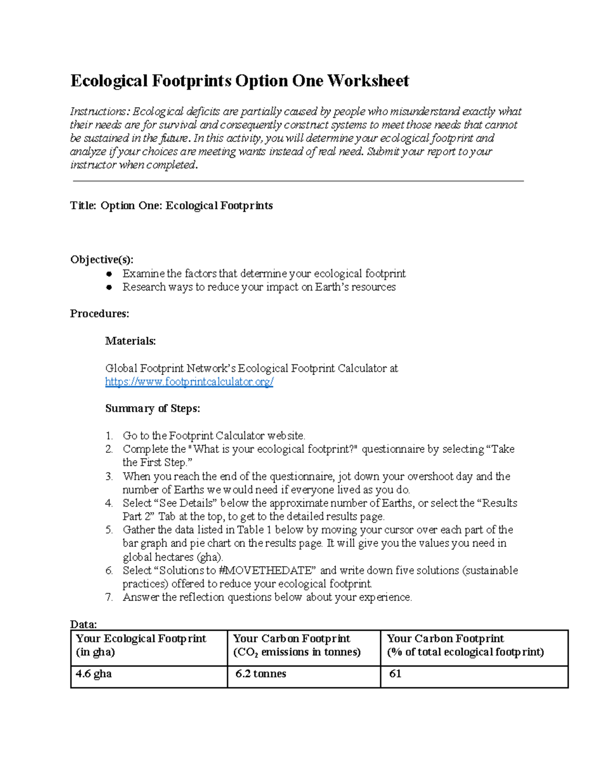 Ecological footprints worksheet option one - Ecological Footprints ...