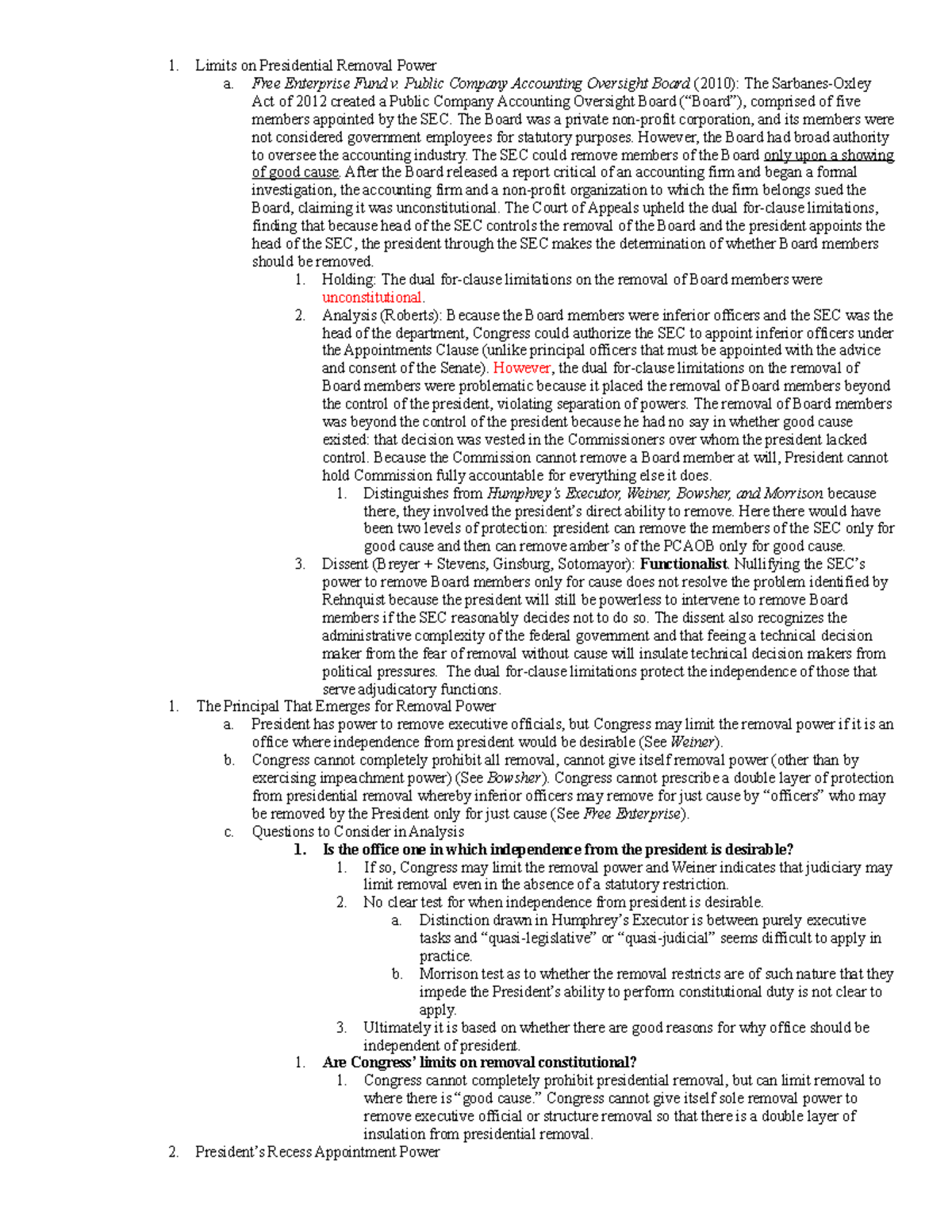 Constitutional Law Outline - Presidential Removal Power and Rights ...
