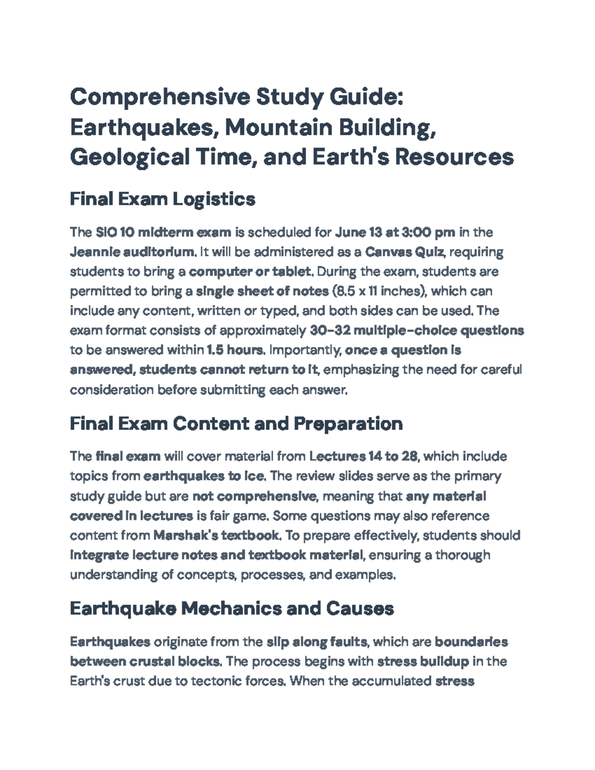 Comprehensive Study Guide: SIO 10 Final Exam on Earthquakes & Geology ...