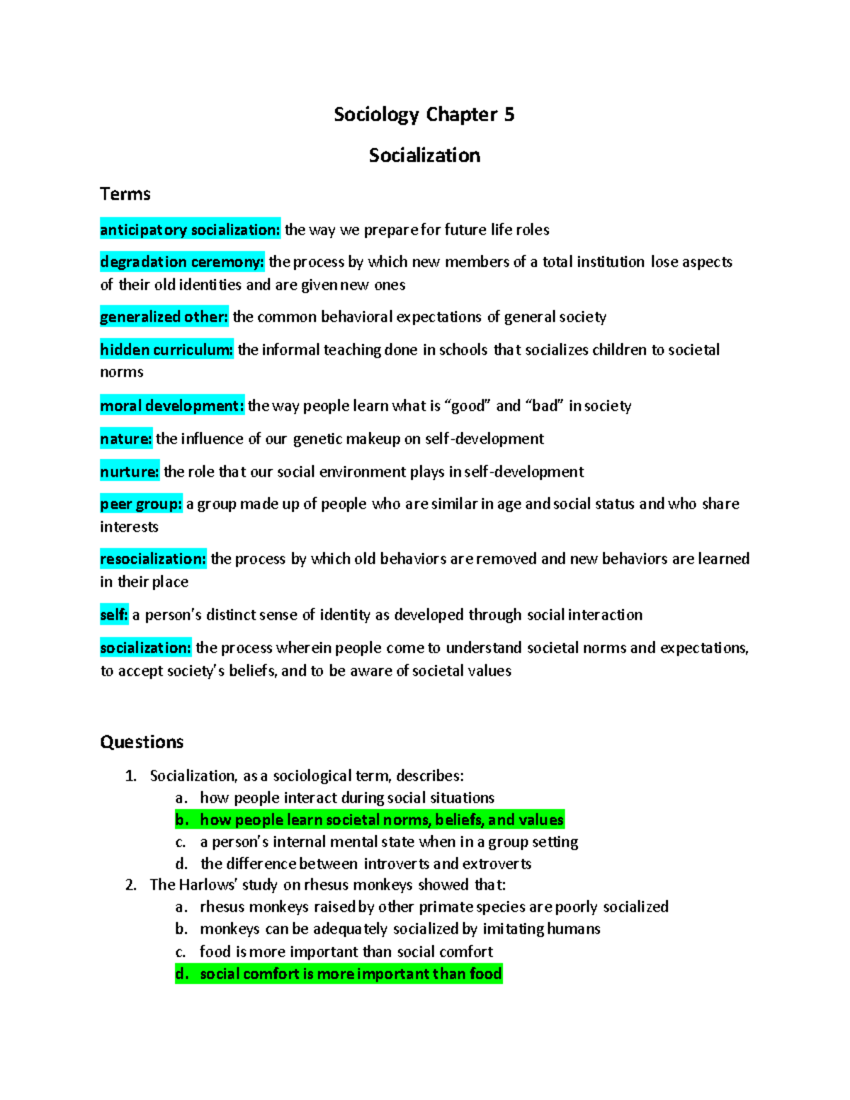 SOC Exam 1 Review - Sociology Chapter 5 Socialization Terms ...