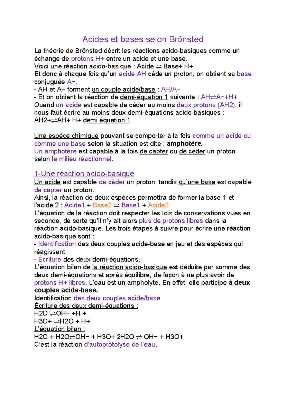 Théorie de Brönsted : Acides et Bases en Chimie Acido-Basique - Studocu