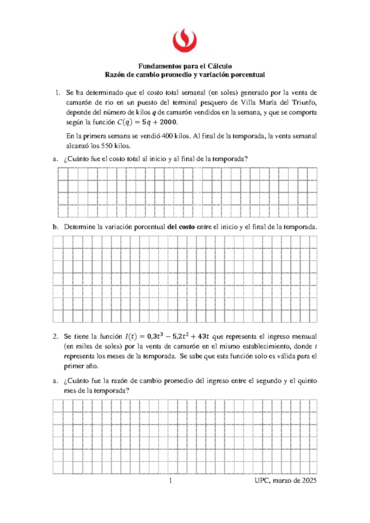Ejercicios de razón de cambio promedio y variación porcentual - 1 UPC ...