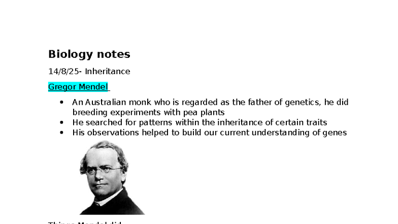Biology Notes: Inheritance and Mendelian Genetics (BIO101) - Studocu